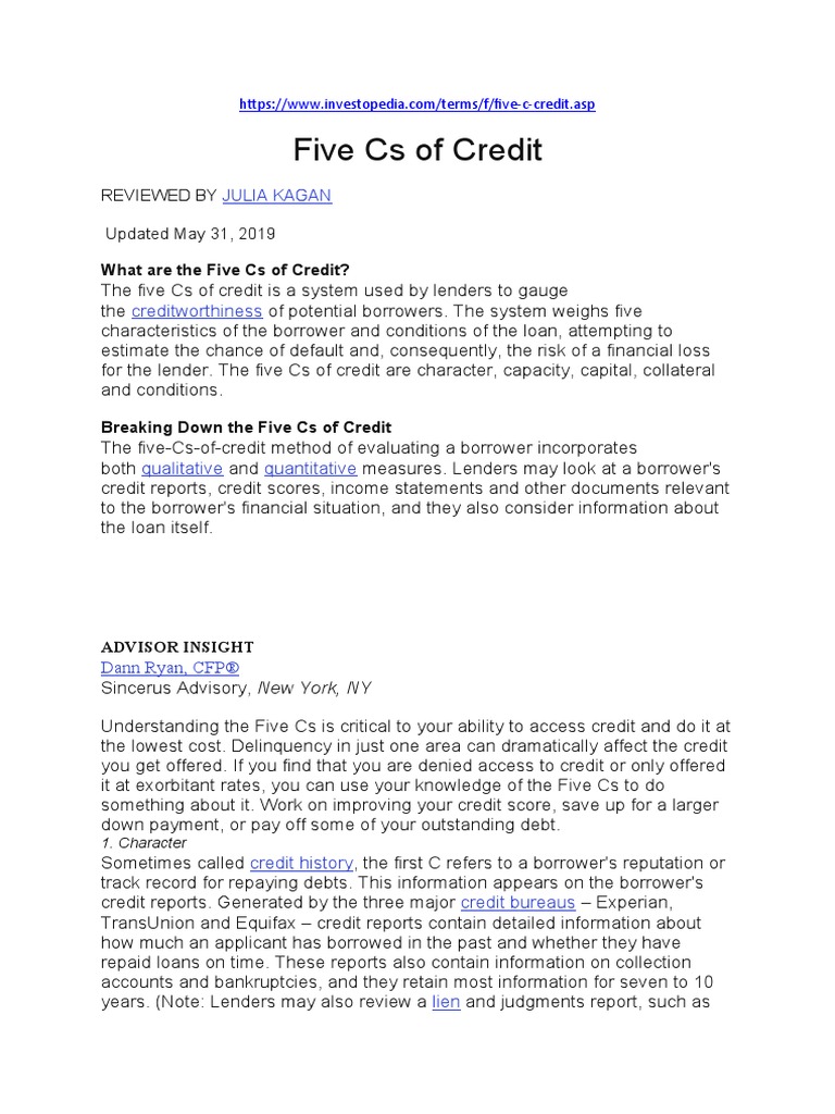 Five Cs of Credit: Creditworthiness | PDF | Loans | Credit History