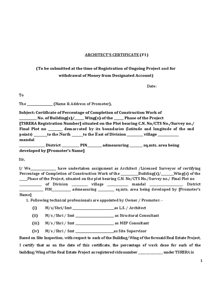 Certificates of Architect (Form 1) (Mandatory For Only Ongoing Project ...