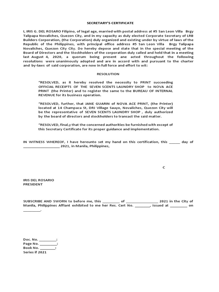 Secretary Certificate - LRB Builders (OR) | PDF