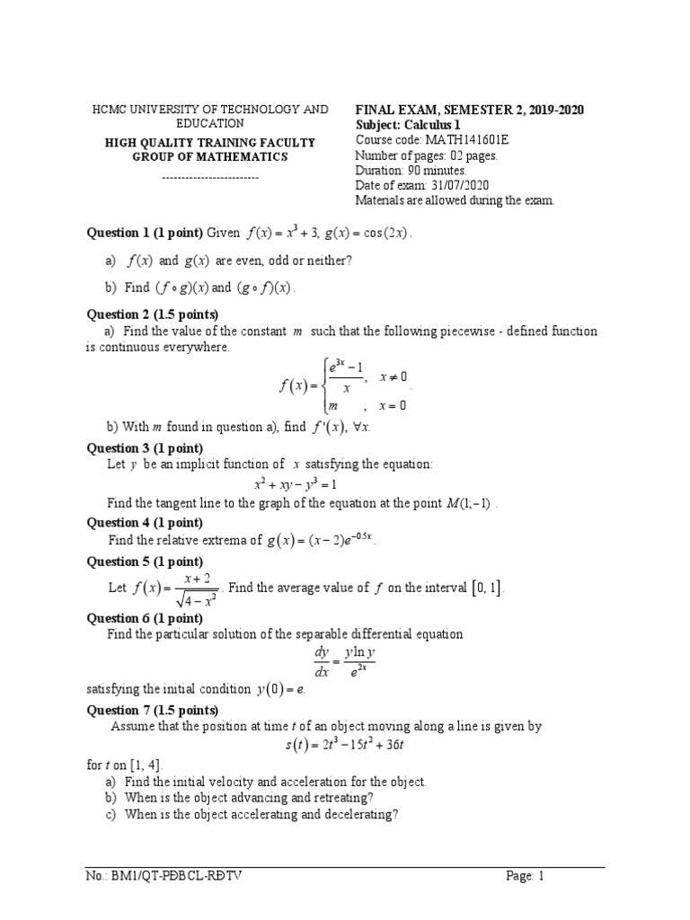 Calculus 1 Final Exam Questions | PDF | Acceleration | Derivative