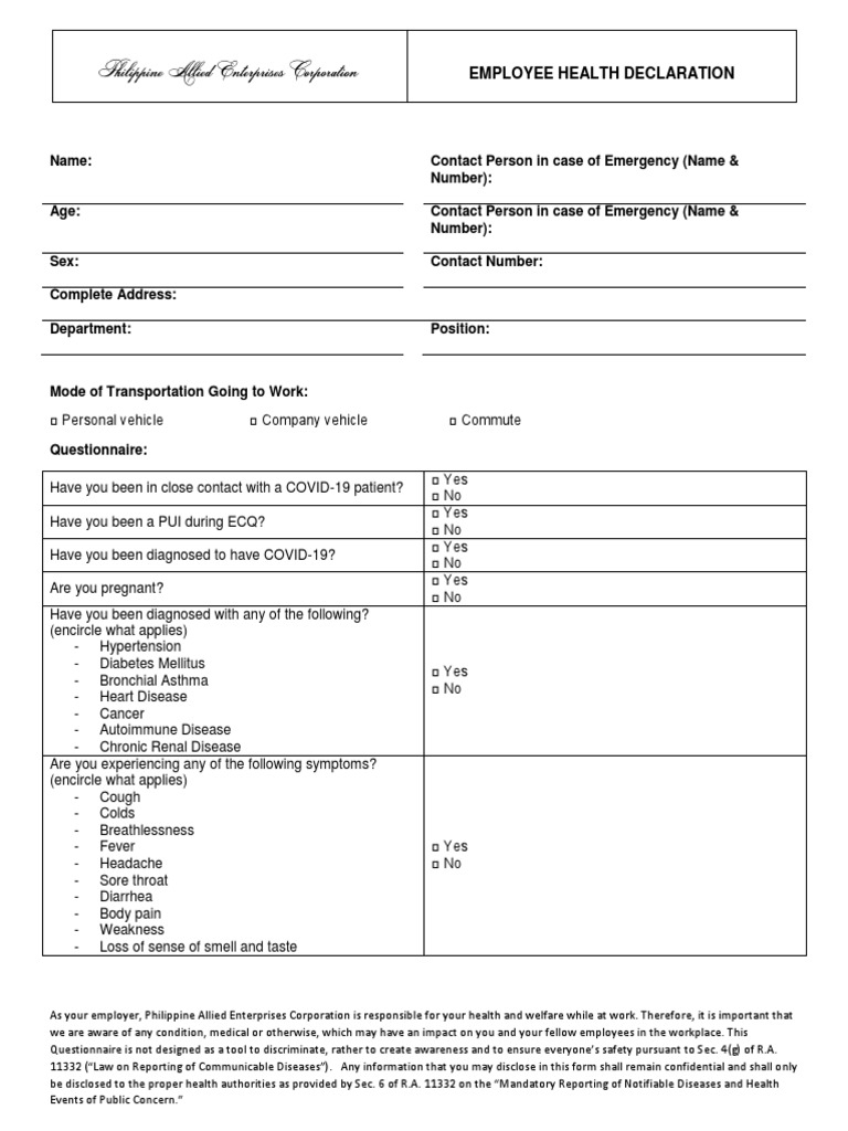 Health Declaration Form | PDF | Health Care | Epidemiology