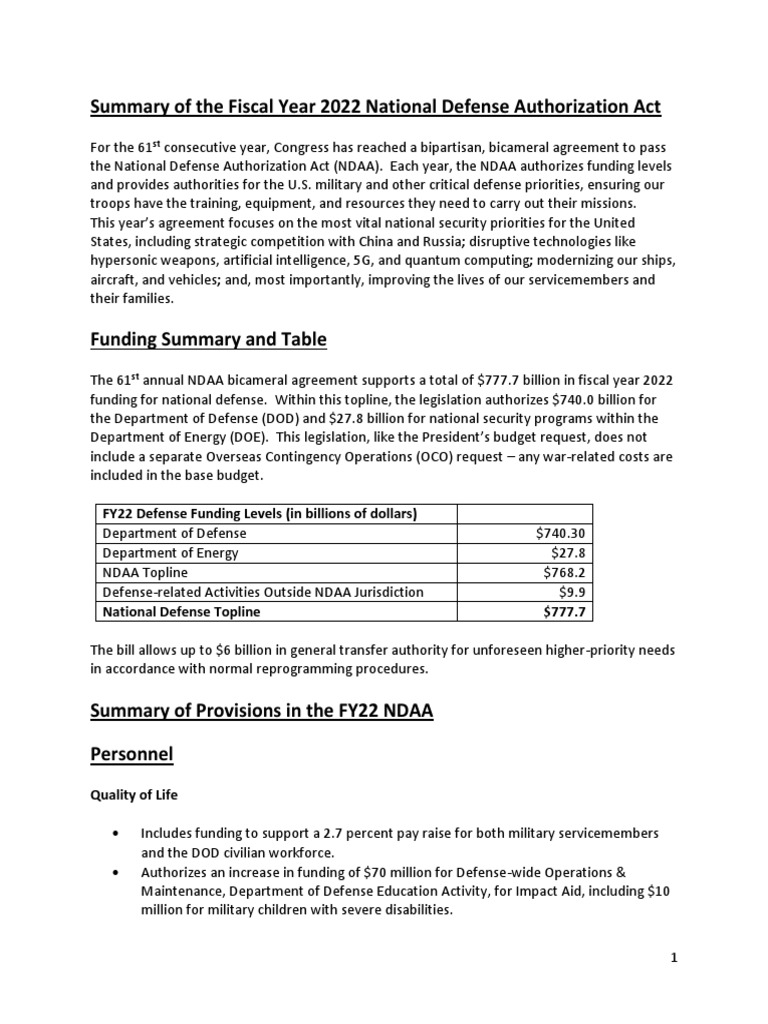 FY22 National Defense Authorization Act Summary | PDF | Security ...