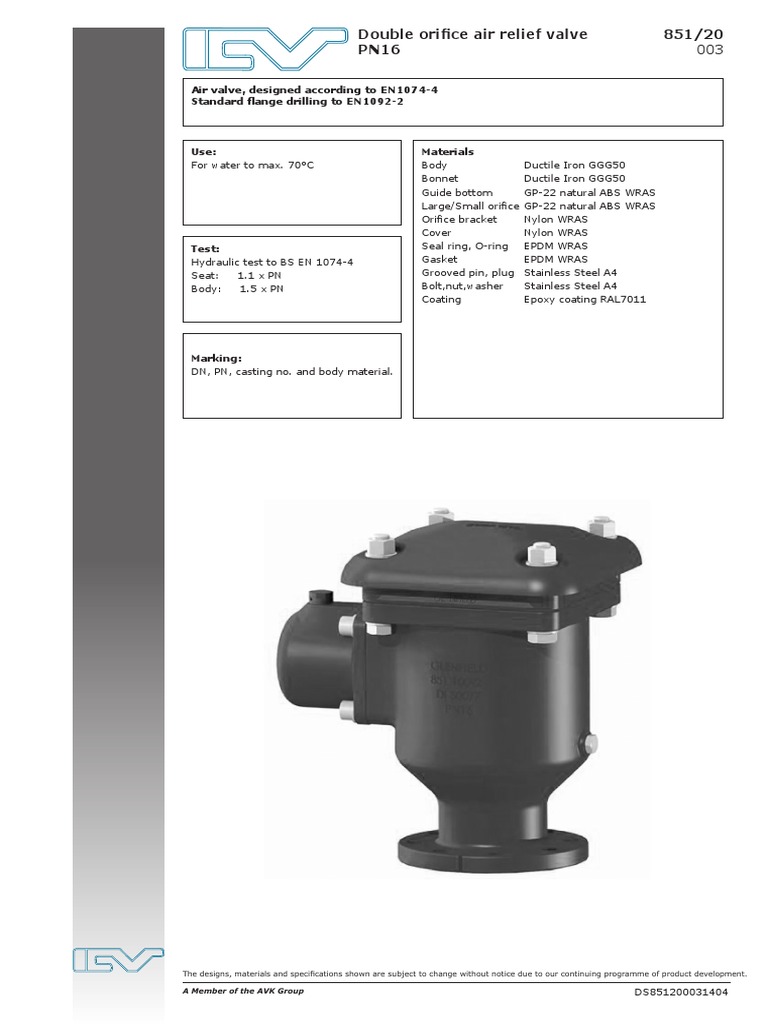 Double Orifice Air Relief Valve Specs | PDF | Valve | Building Engineering