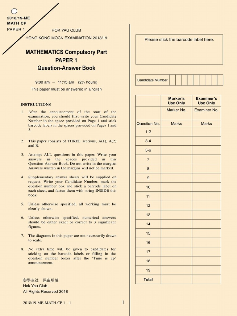 1819 Maths Paper1 (E) | PDF