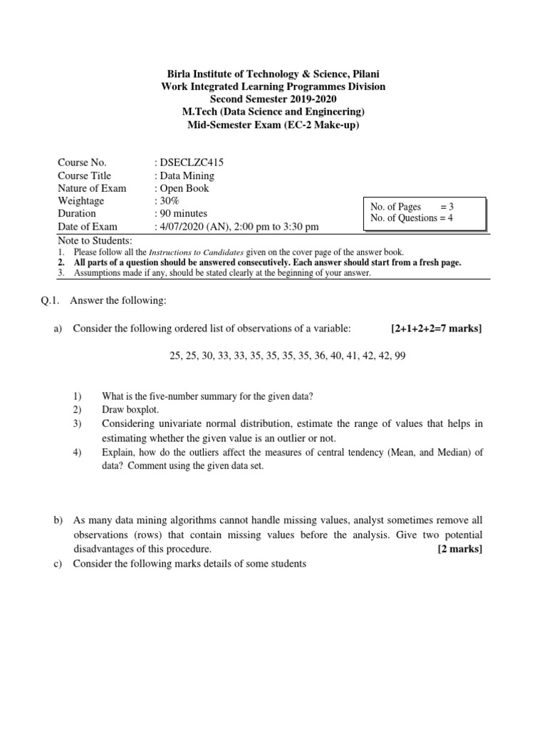 BIT Pilani Data Science Exam Questions on Data Mining, Normalization ...