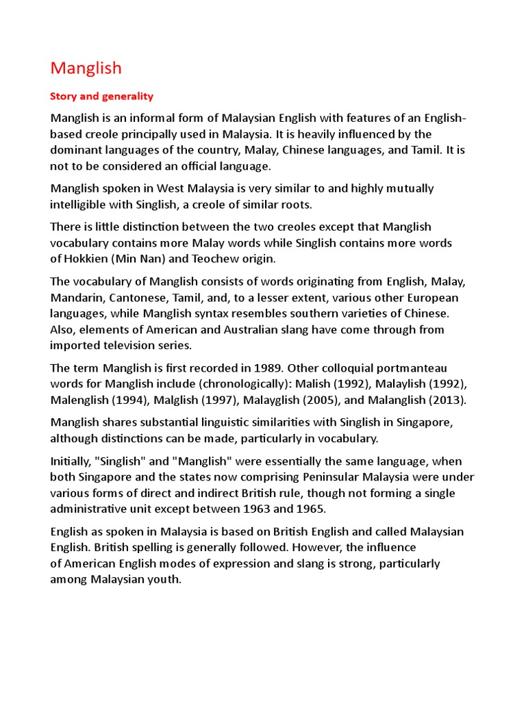 Manglish: Story and Generality | PDF | Linguistics | Human Communication