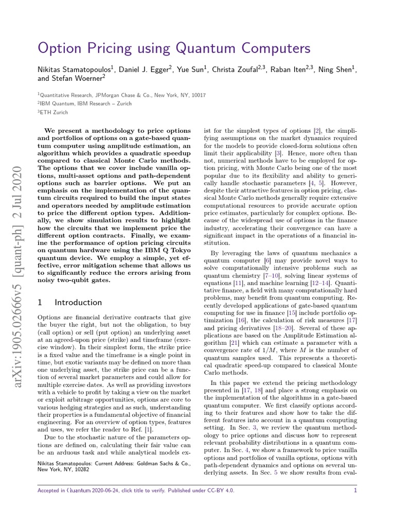 Option Pricing Using Quantum Computers | PDF | Option (Finance ...