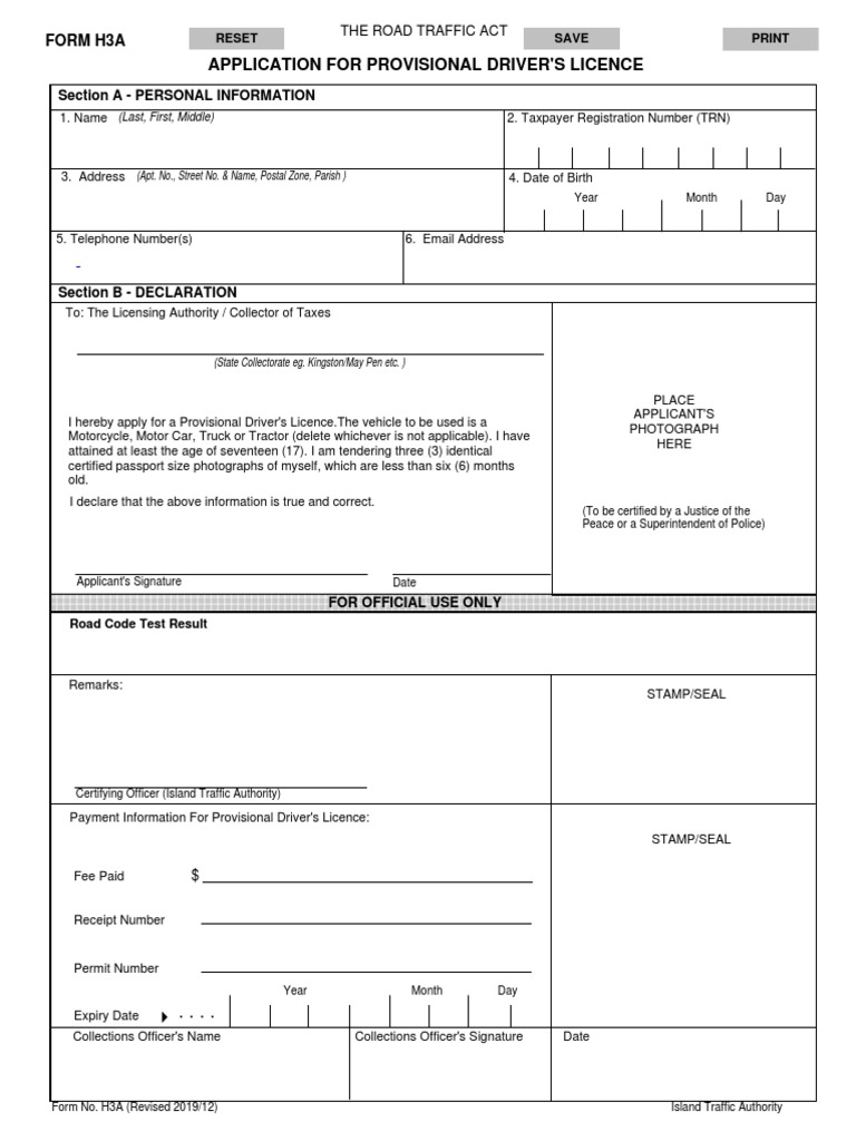 Application For Provisional Driver'S Licence: Form H3A | PDF | Driver's ...