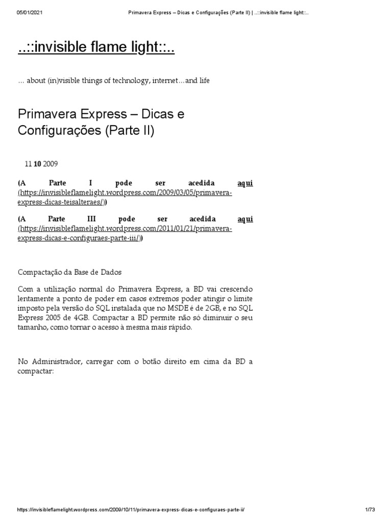 Primavera Express Dicas | PDF | Dados | Microsoft SQL Server