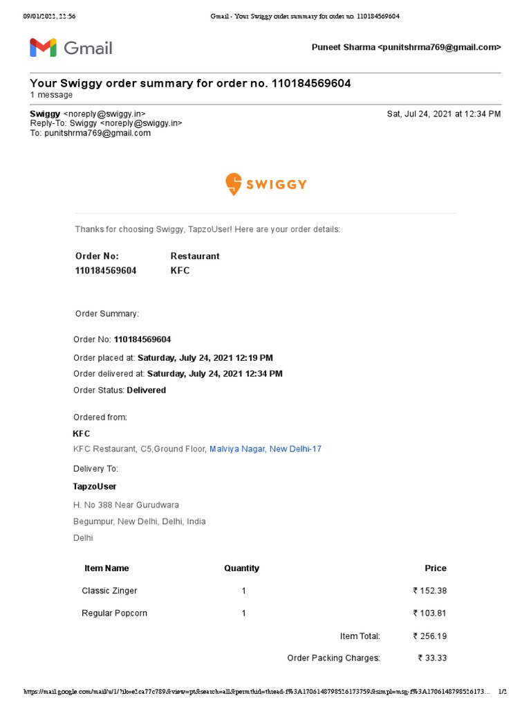 Swiggy Order Summary: KFC Delivery | PDF | Economies | Restaurants