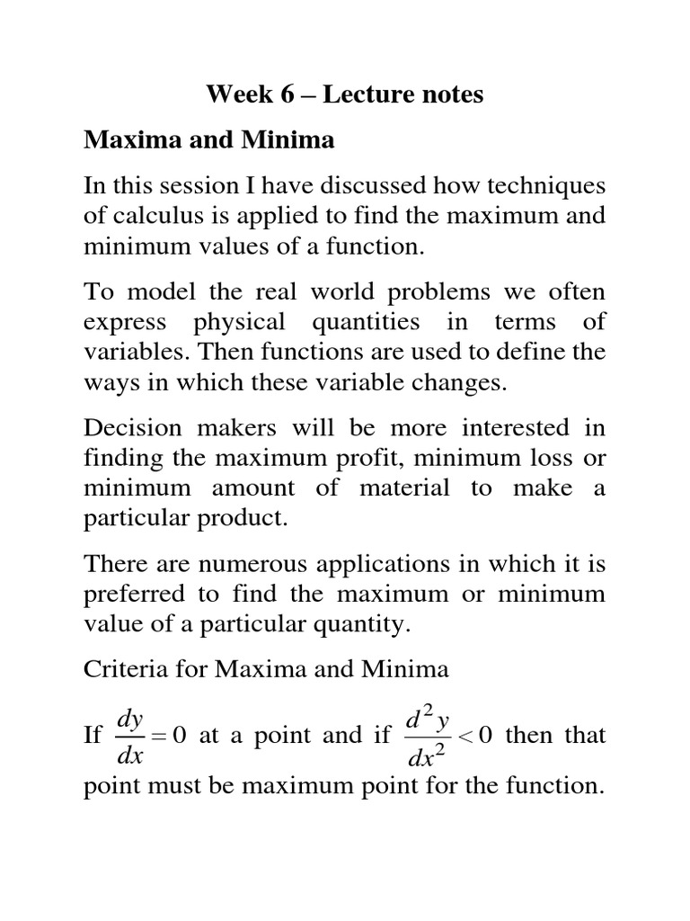Week 6 - Lecture Notes Maxima and Minima: Dy DX | Download Free PDF ...