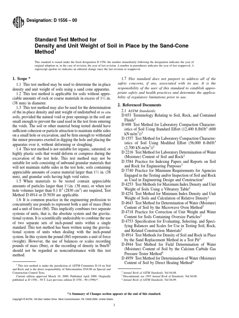 Astm D-1556 Density and Unit Weight of Soil in Place by The Sand-Cone ...