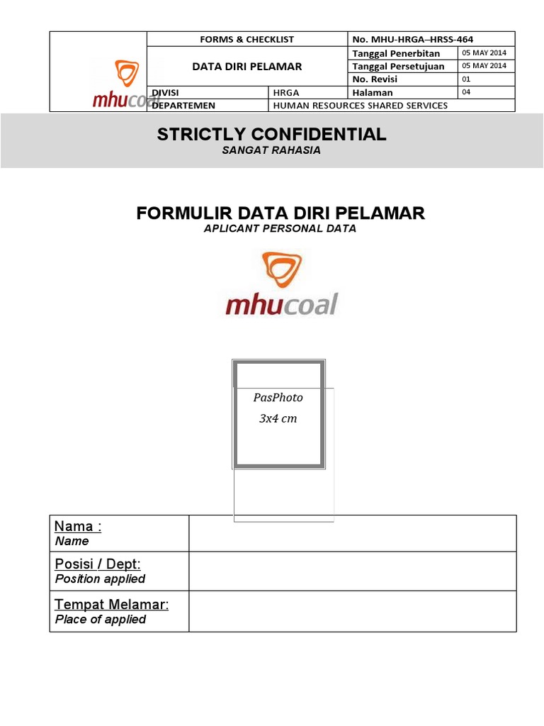 464-MHU-HRGA-HRSS - Form Aplikasi Data Diri Pelamar PTMHU | PDF