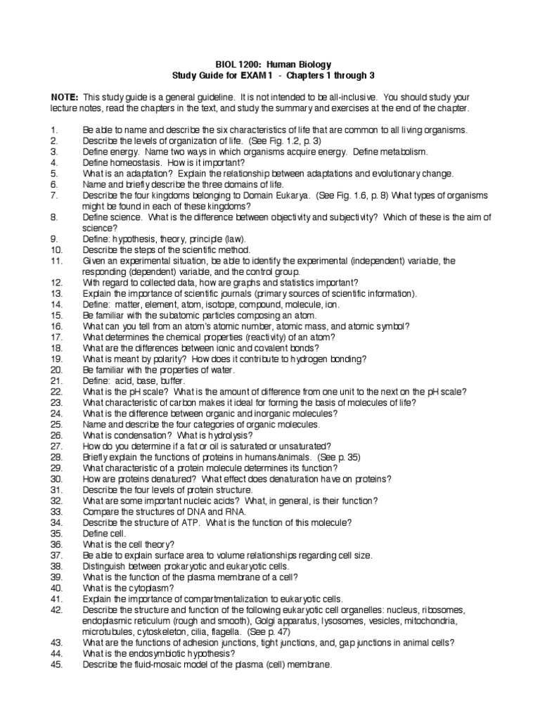 BIOL 1200: Human Biology Study Guide For EXAM 1 - Chapters 1 Through 3 ...