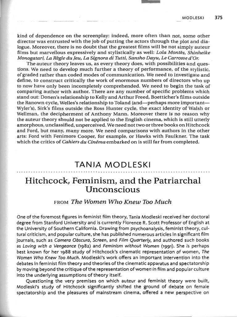 Hitchcock, Feminism, and The Patriarchal Unconscious: Tania Modleski ...