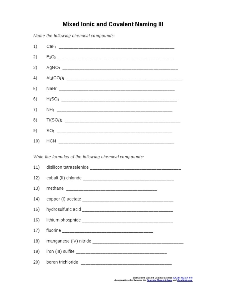 Mixed Ionic and Covalent Naming III: Name The Following Chemical ...