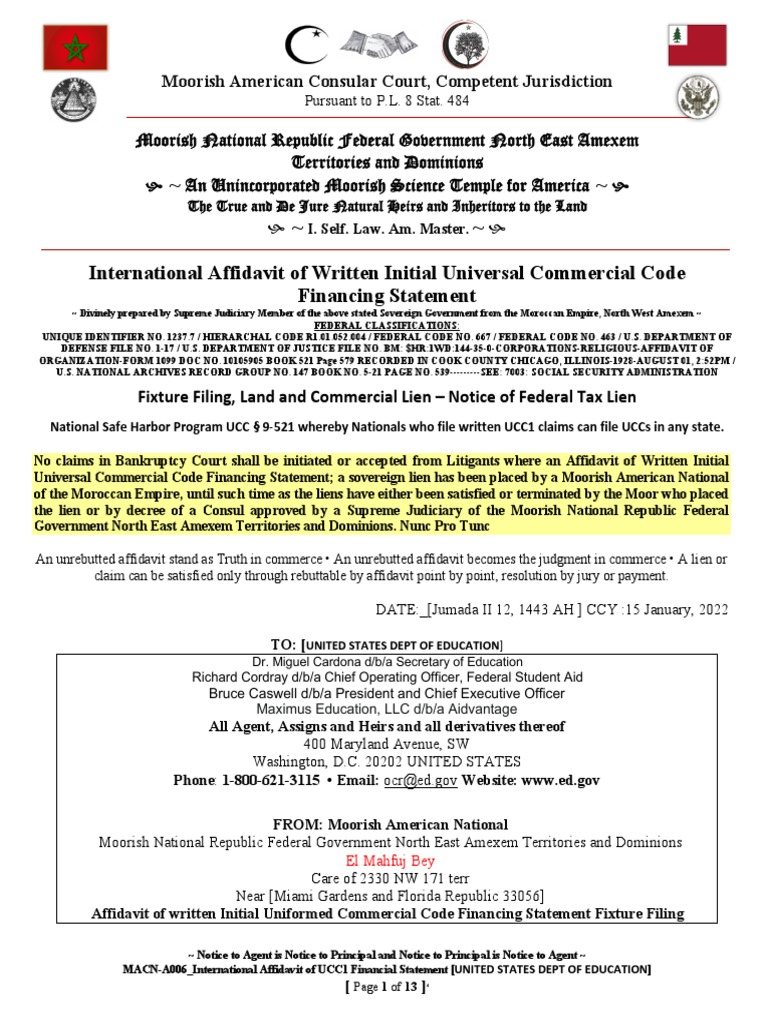UCC1 Filing Notice to US Education Dept | PDF | Treaty | Security Interest