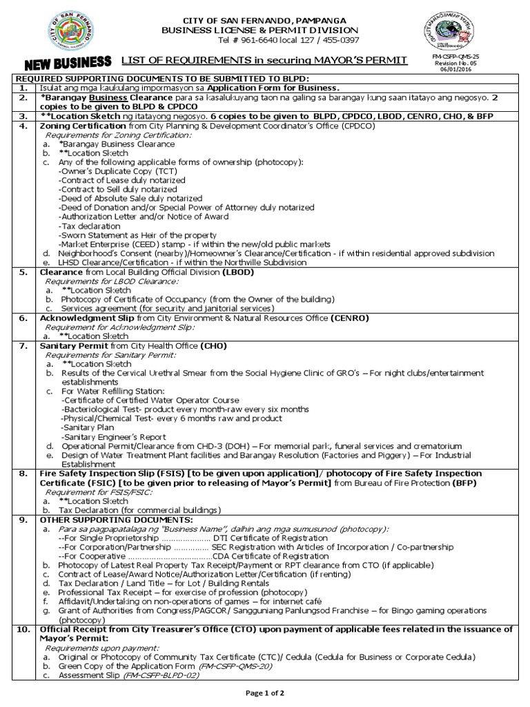 List of Requirements in Securing Mayor'S Permit: Business License ...