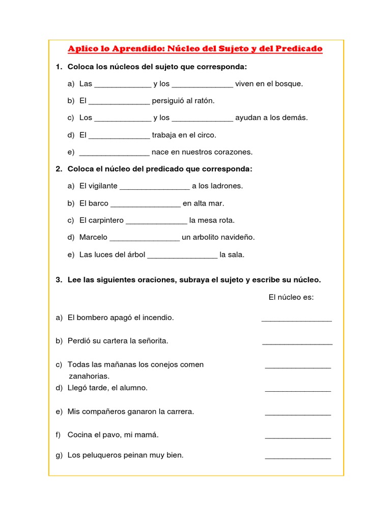 Núcleo del Sujeto y Predicado: Ejercicios | PDF | Hogar, jardinería y ...