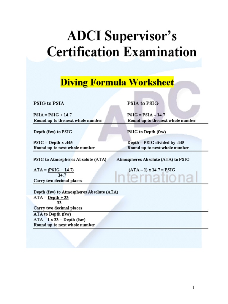 ADCI Supervisor’s Diving Formula Worksheet Certification Exam Guide ...