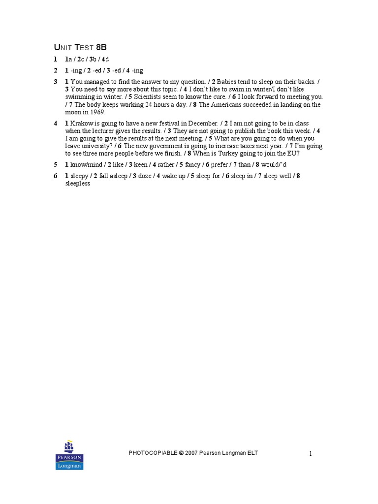 Answer Key Unit 8B Test | PDF