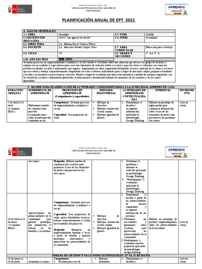 Planificación Anual 1ro Y2do de Ept 2021 Sil (Prof. Mercedes Colque) | PDF | Aprendizaje ...