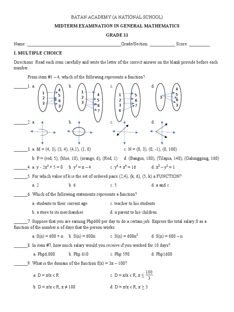 Midterm Examination in General Mathematics Grade 11 | PDF | Function ...