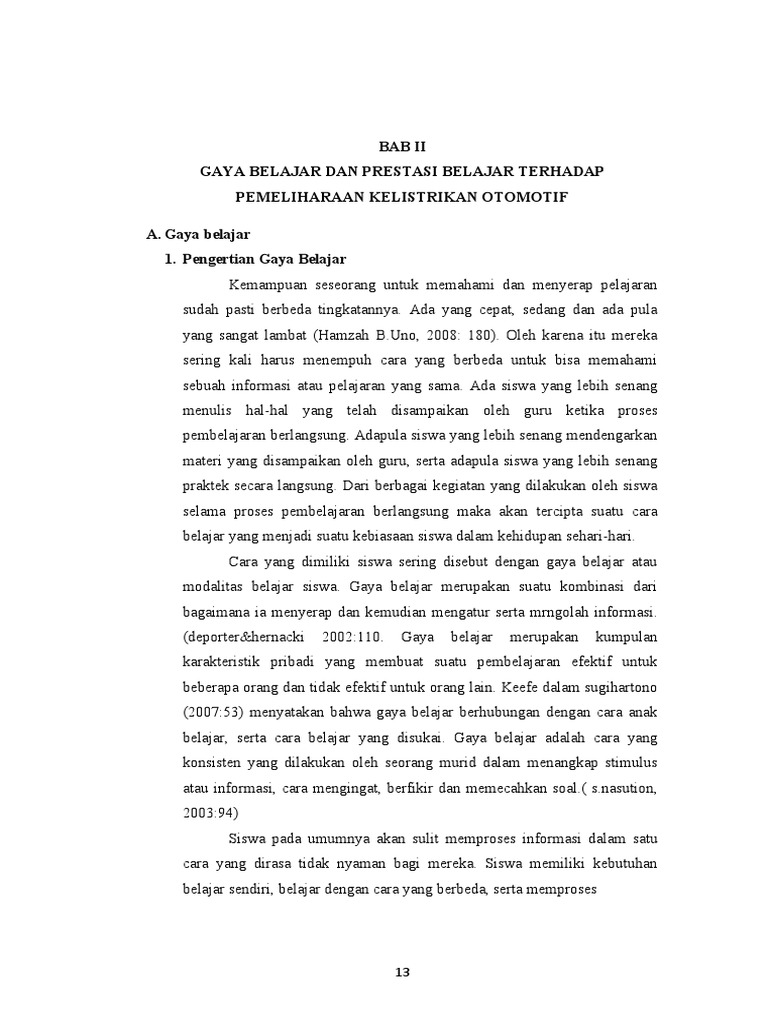 Bab Ii Gaya Belajar Dan Prestasi Belajar Terhadap Pemeliharaan Kelistrikan Otomotif A. Gaya ...