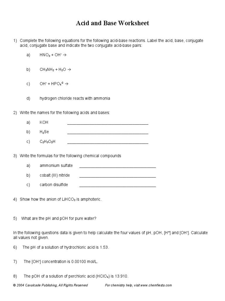 Acid and Base Worksheet: © 2004 Cavalcade Publishing, All Rights ...