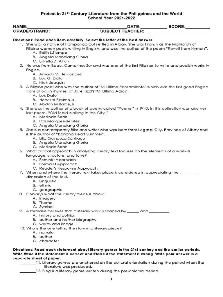 21st Century Literature Pre Test | PDF