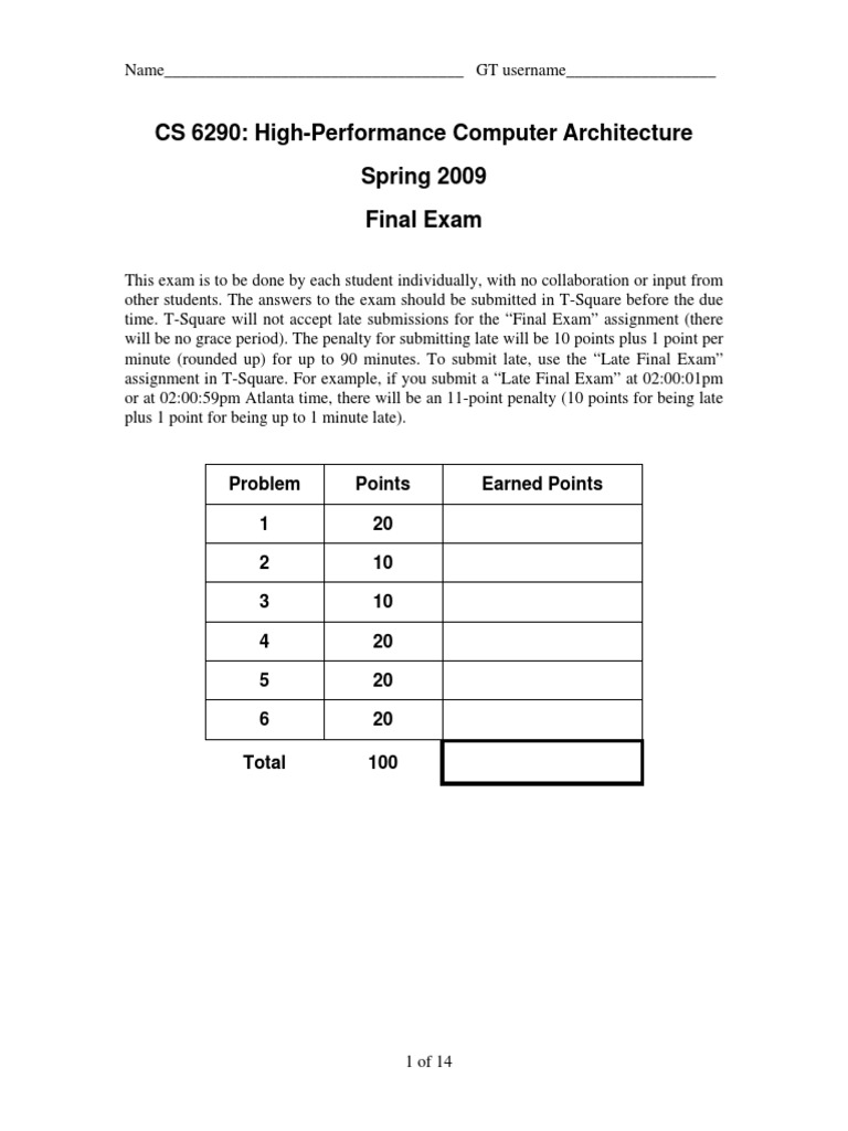 CS 6290: High-Performance Computer Architecture Spring 2009 Final Exam | Download Free PDF ...