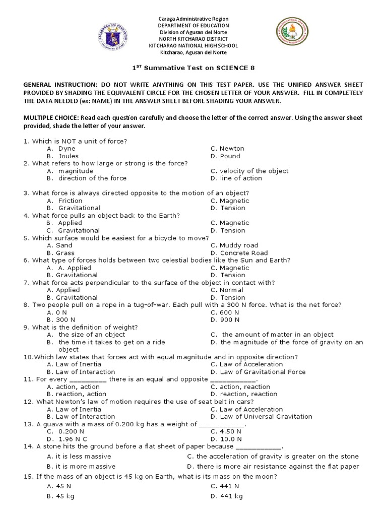 General Instruction: Do Not Write Anything On This Test Paper. Use The ...