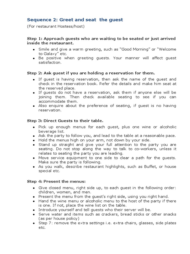 Sequence 2: Greet and Seat The Guest | PDF | Menu | Waiting Staff