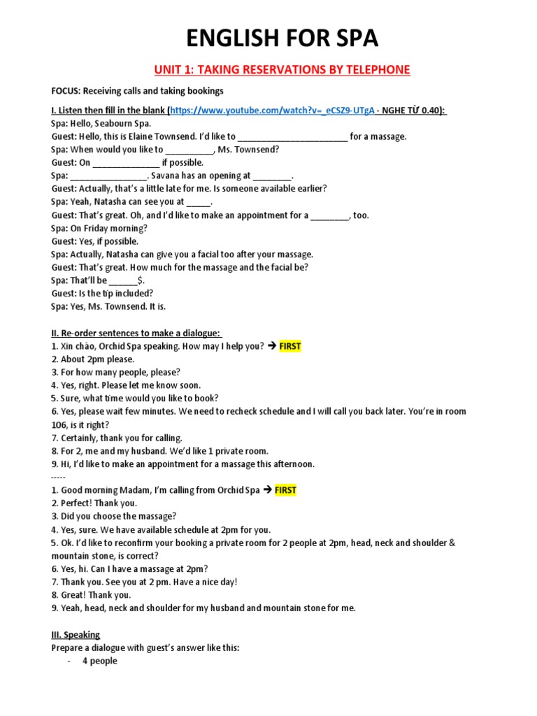 English For Spa: Unit 1: Taking Reservations by Telephone | PDF ...
