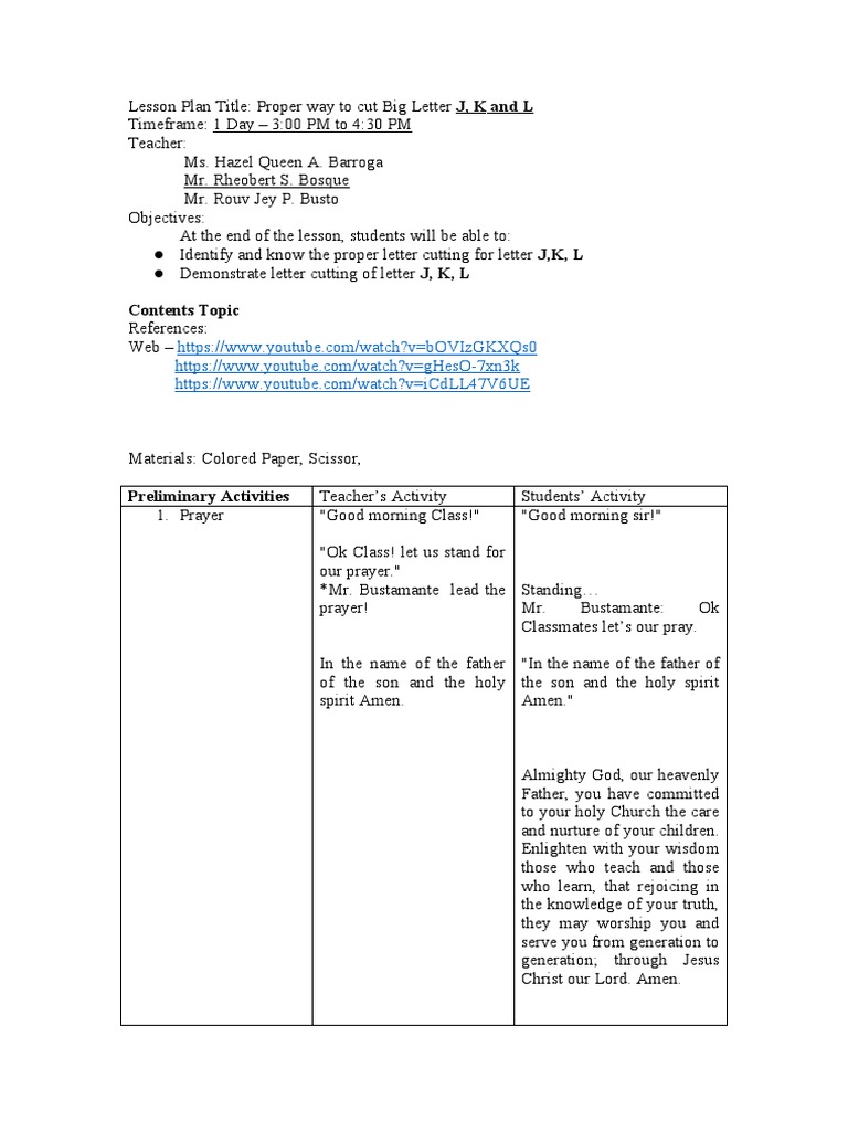 Lesson Plan - Letter J, K and L | PDF | Teachers | Prayer