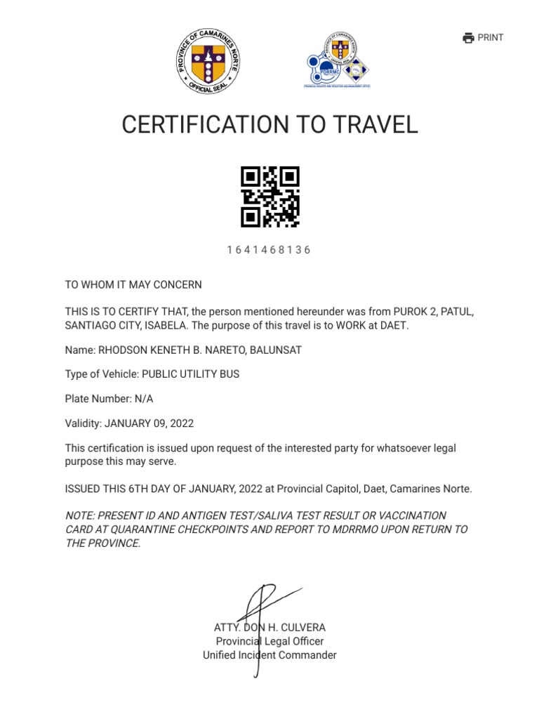 Certification To Travel: Card at Quarantine Checkpoints and Report To ...