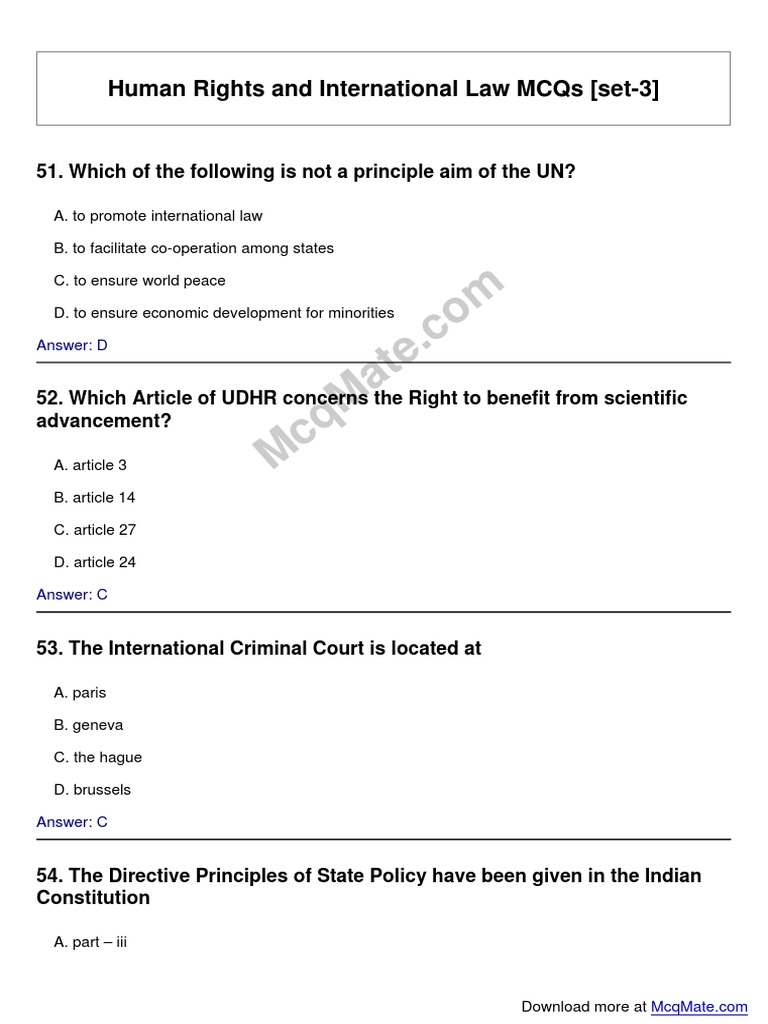 Human Rights and International Law Solved MCQs (Set-3) | PDF | Human ...