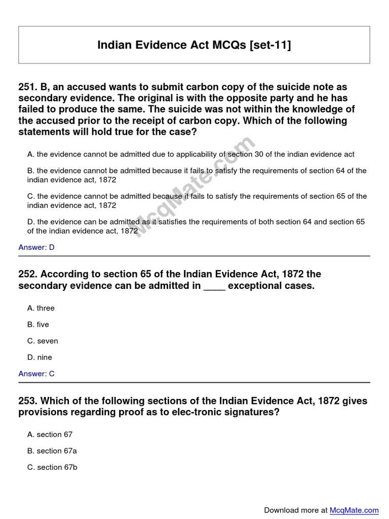Indian Evidence Act Solved MCQs (Set-11) | PDF | Witness | Evidence