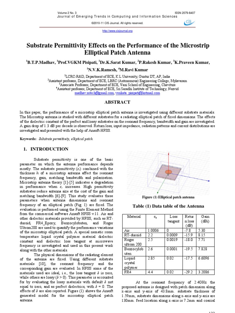 Substrate Permittivity Effects On The Performance of The Micro Strip Elliptical Patch Antenna ...