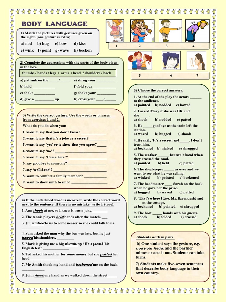 Body Language Vocabulary Picture Description Exercises Tests Warmers ...