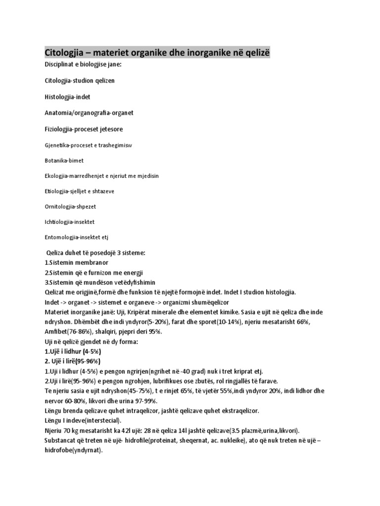 Citologjia - Materiet Organike Dhe Inorganike Në Qelizë | PDF
