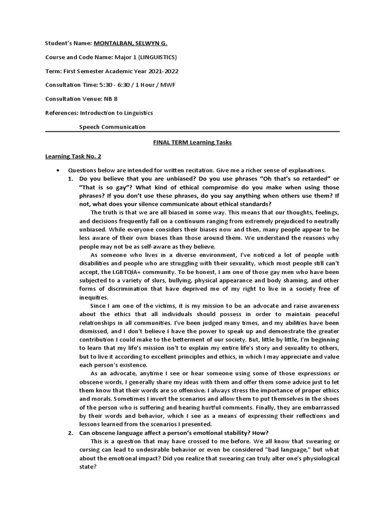 Learning Task No. 2 | PDF | Profanity | Emotions