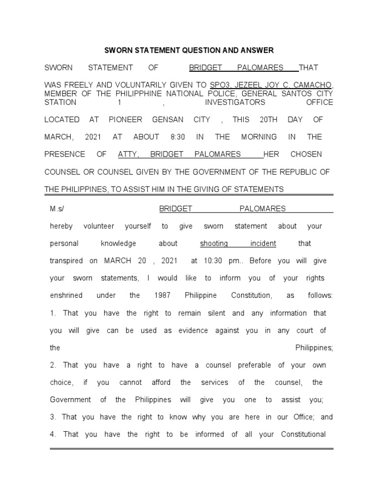 Sworn Statement of Question and Answer Camacho | PDF | Affidavit | Law ...