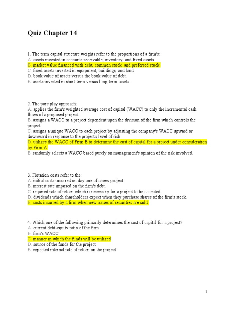 Chapter 14 Quiz: WACC and Capital Structure | PDF | Cost Of Capital ...