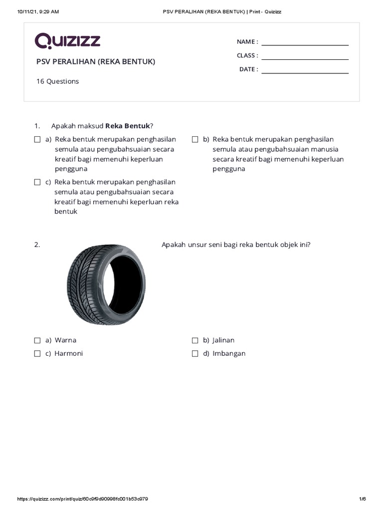 Quiz PSV Peralihan Reka Bentuk | PDF | Seni