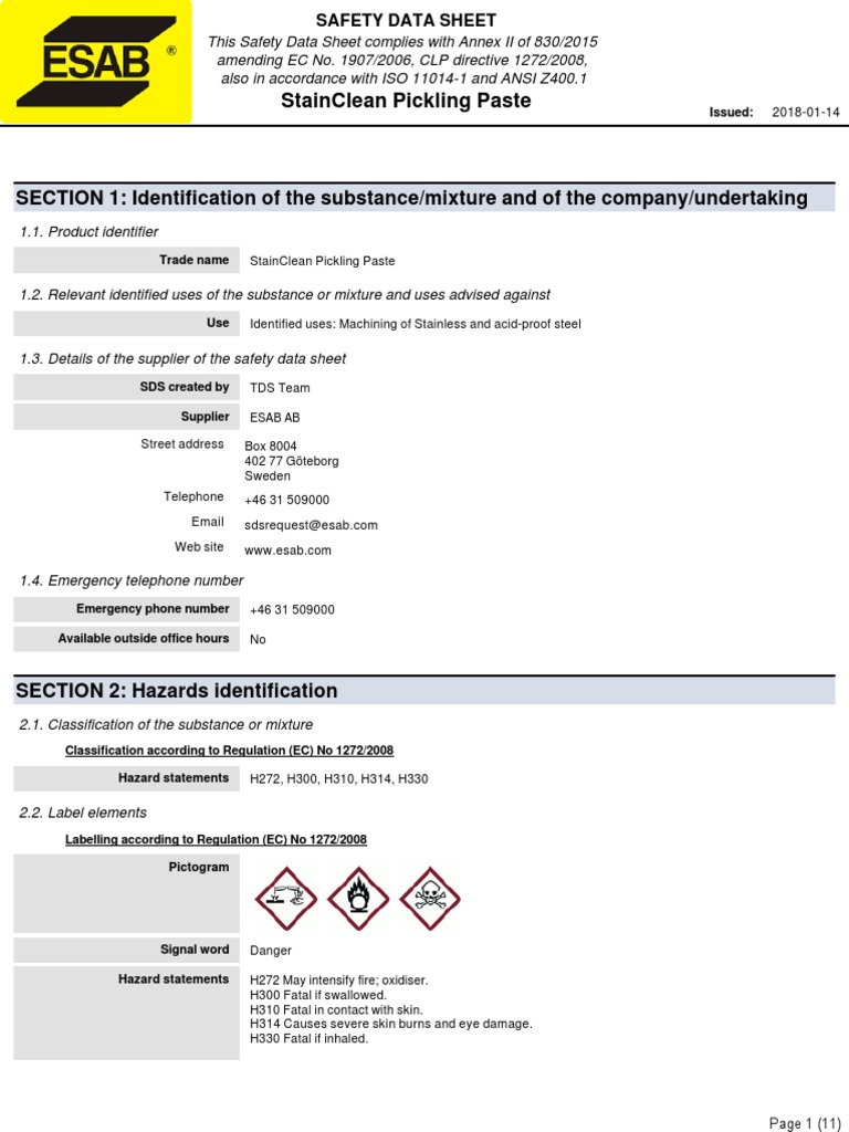 006B SDS For ESAB Product (Stain Clean Pickling Passivation Paste ...