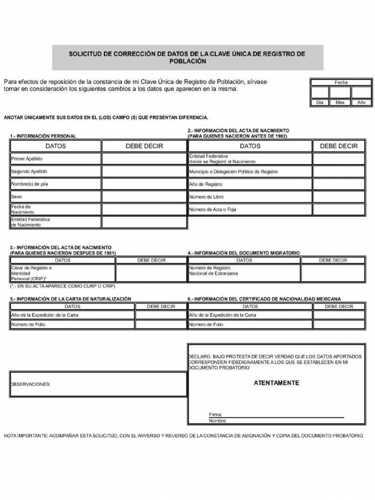 Solicitud de Corrección de Datos de CURP | PDF