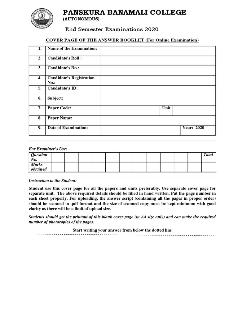 Cover Page for Online Examination Answer Booklet for Panskura Banamali ...
