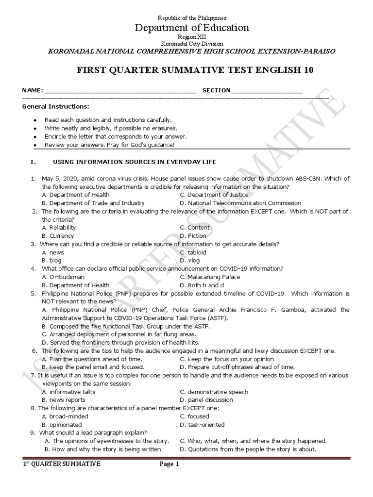 Department of Education: First Quarter Summative Test English 10 | PDF ...