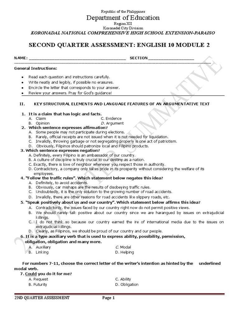 Department of Education: Second Quarter Assessment: English 10 Module 2 ...